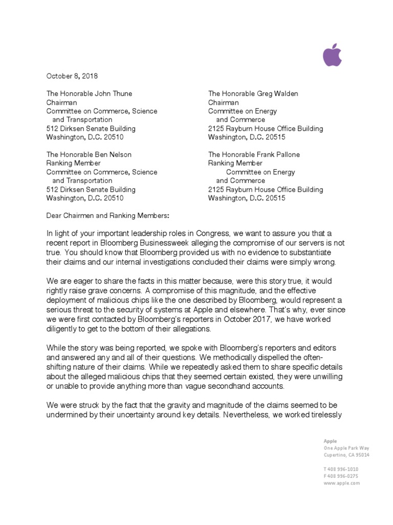 Apple Bloomberg Congressional Letter | PDF | Computer Security | Security
