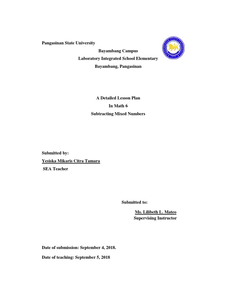 Lesson Plan Subtracting Mixed Numbers | PDF | Fraction (Mathematics ...