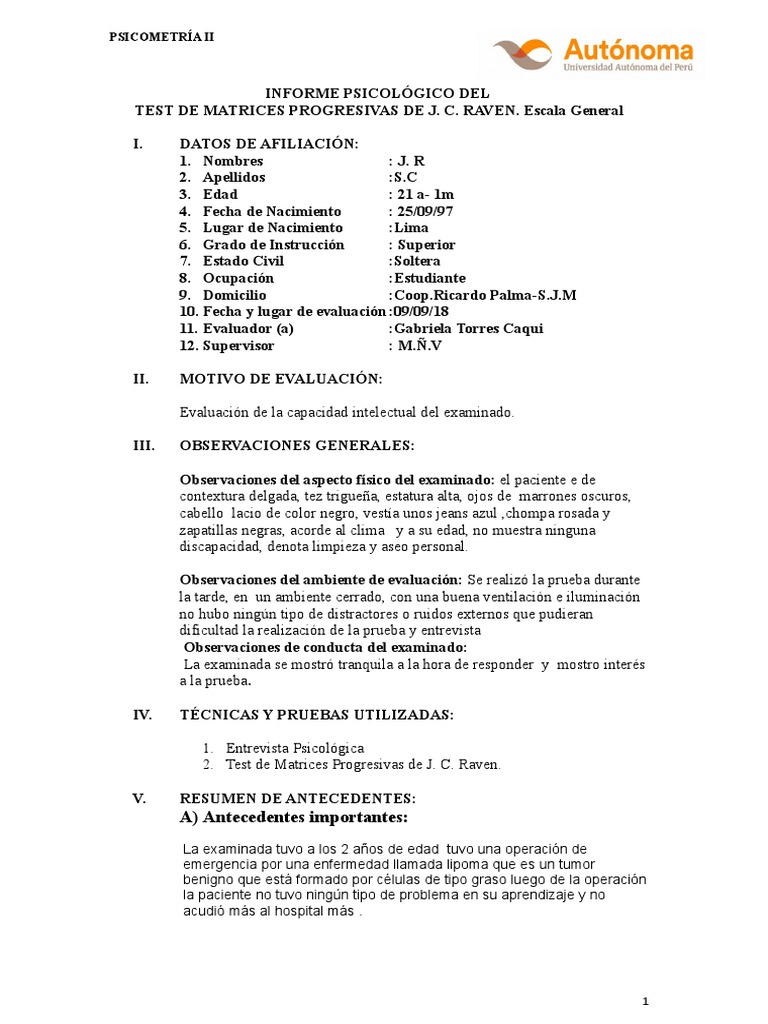 Informe Psicológico de JC RAVEN | Descargar gratis PDF | Diagnostico ...