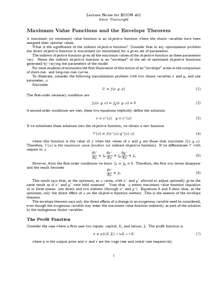 Maximum Value Functions and The Envelope Theorem | PDF | Mathematical Optimization | Profit ...