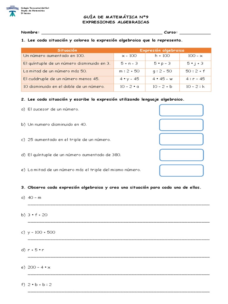 Ejercicios de Lenguaje Algebraico | PDF | Enseñanza de matemática ...