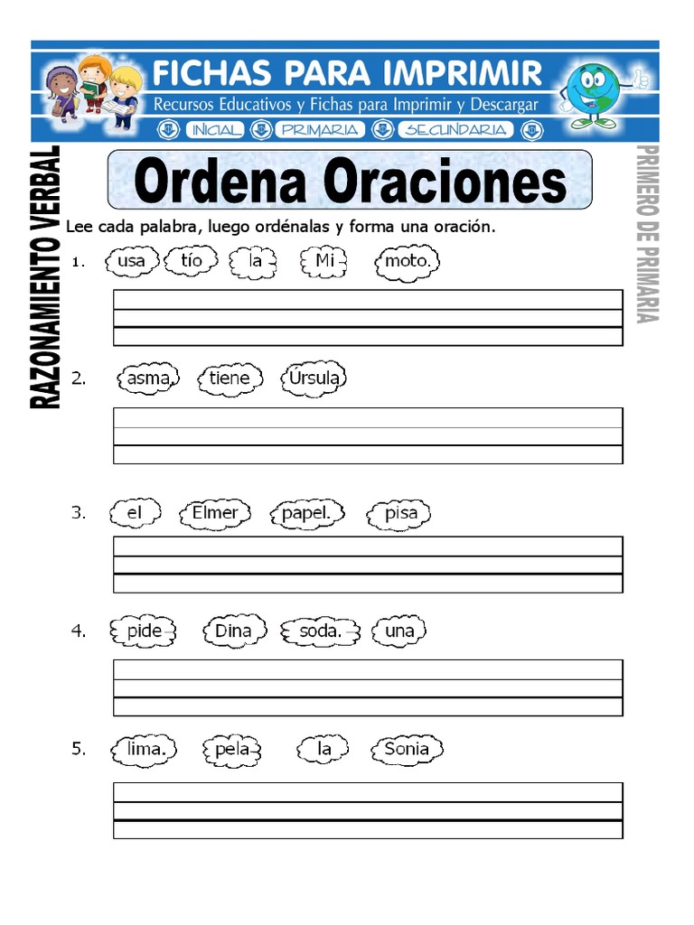 Hojas De Trabajo De Oraciones Para Primer Grado