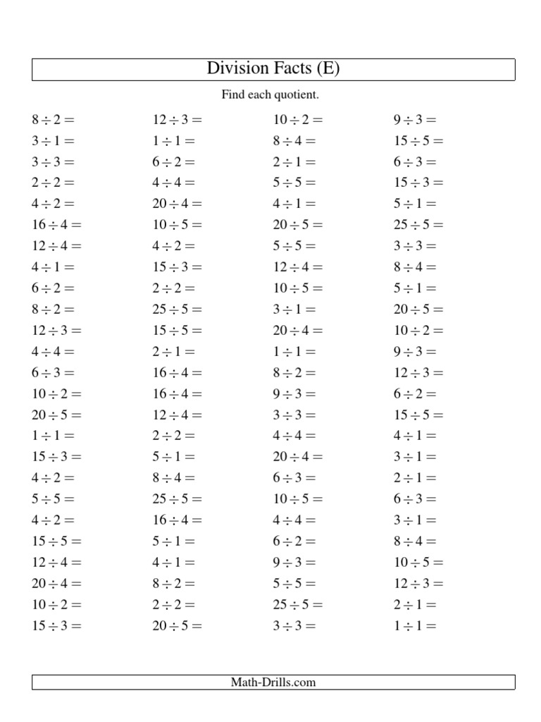 Division Facts (E) : Find Each Quotient | PDF