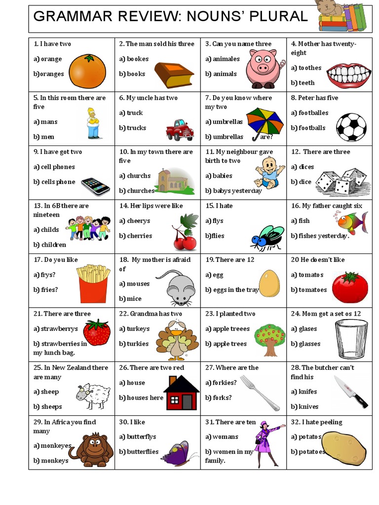 Grammar Review Nouns Plural Fun Activities Games Grammar Drills Reading ...
