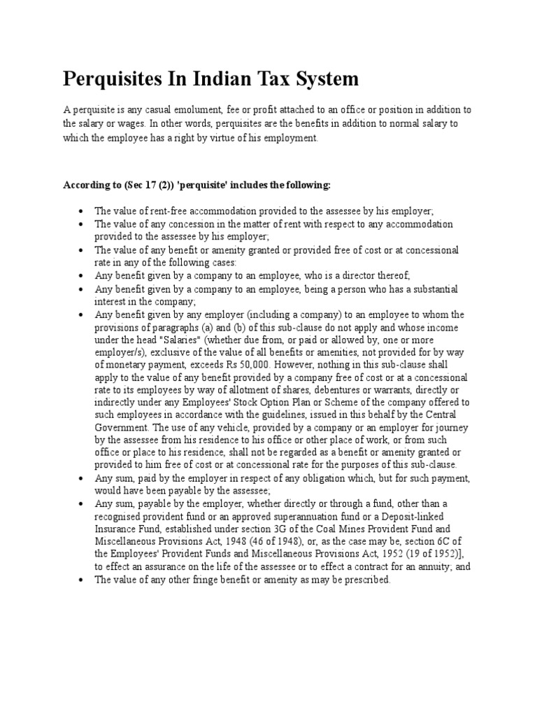 Perquisites in Indian Tax System | PDF | Employee Benefits | Employment