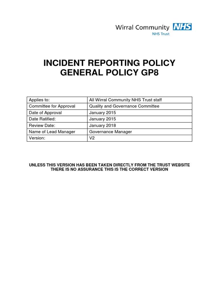Incident Reporting Policy | PDF | Patient Safety | Risk Management