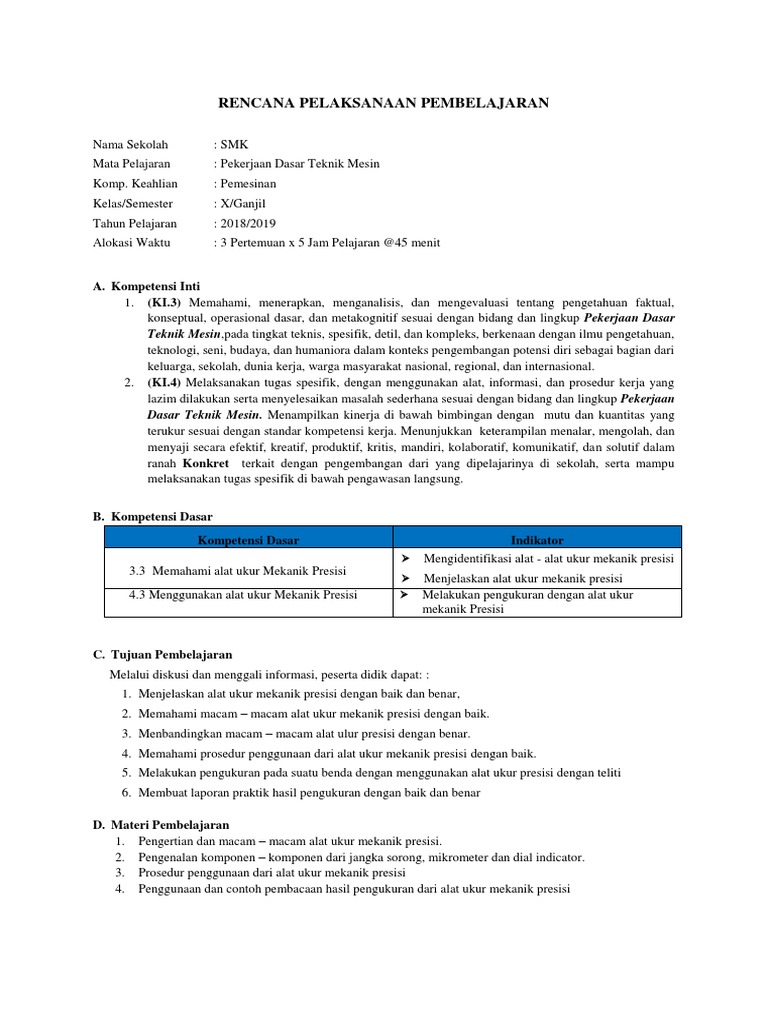 RPP Pekerjaan Dasar Teknik Mesin | PDF