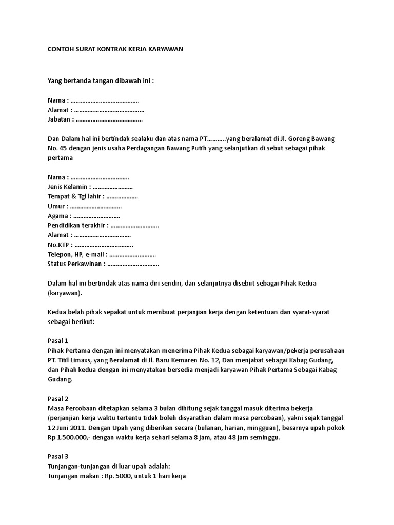 Contoh Format Kontrak Kerja Karyawan | PDF