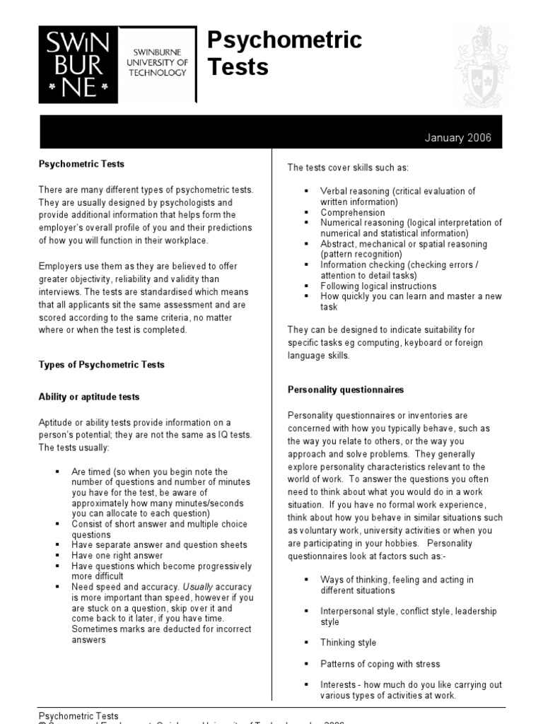 Handout Psychometric Tests | PDF