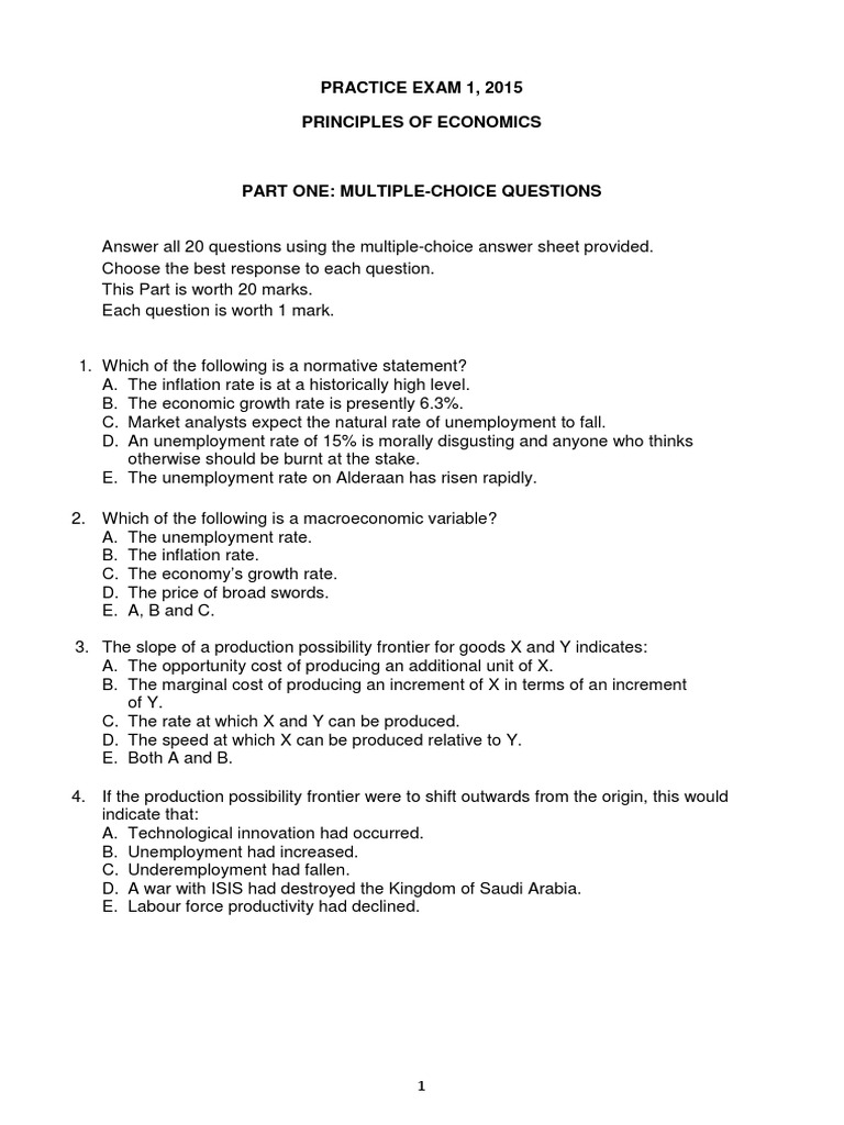 Principles of Economics Practice Exam 2015 Questions | PDF | Monopoly ...