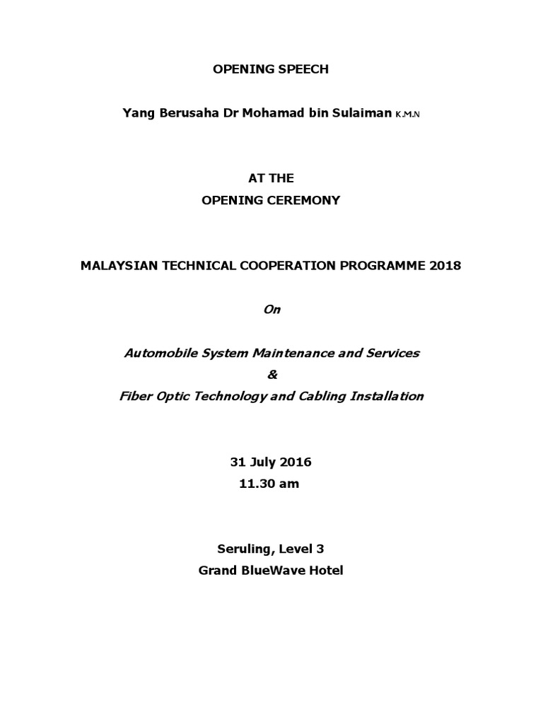Opening Speech: On Automobile System Maintenance and Services & Fiber ...