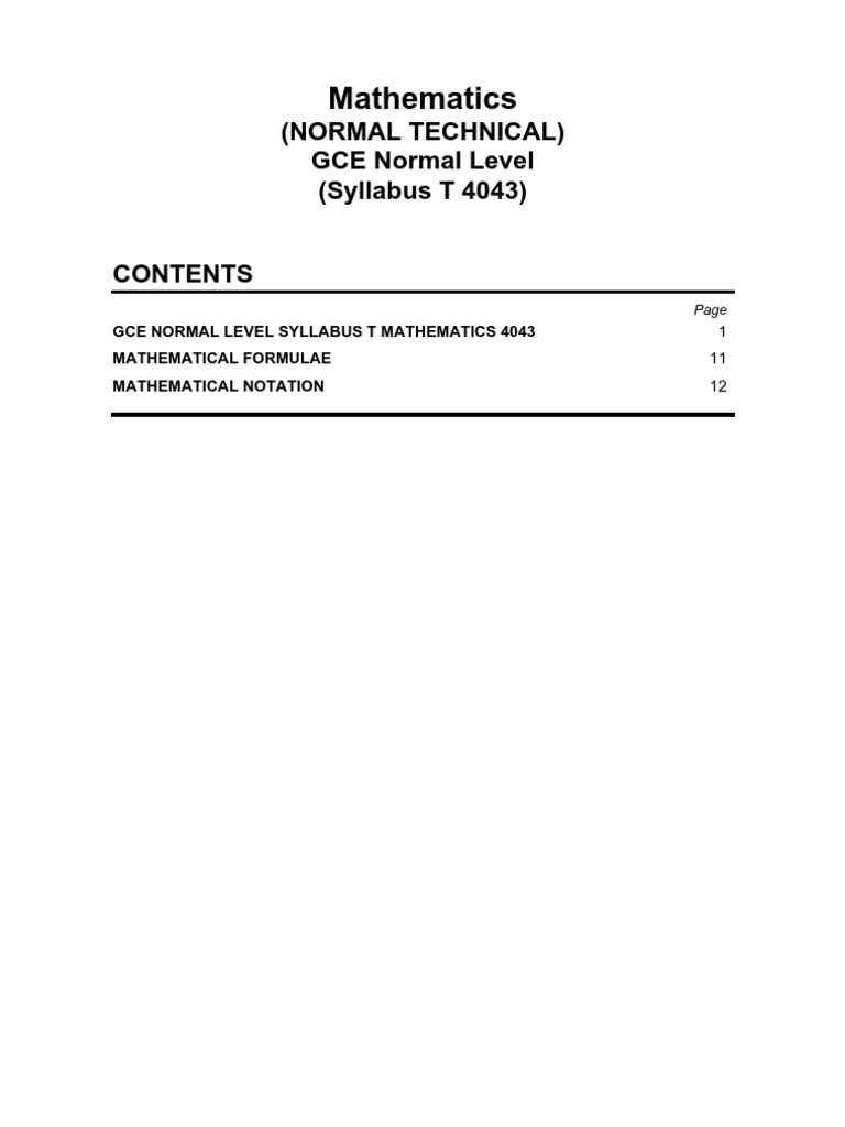 GCE N (T) - Level Syllabuses Examined in 2010 - Mathematics Syllabus T ...