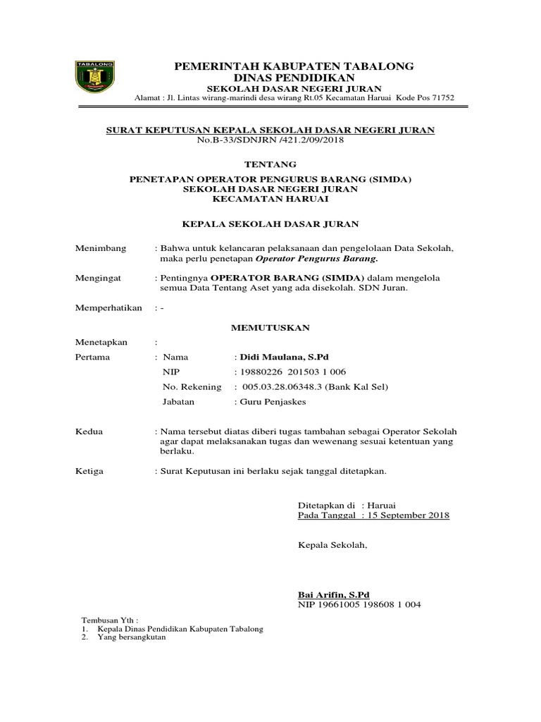 SK Operator Sekolah SIMDA 2018 FIX | PDF