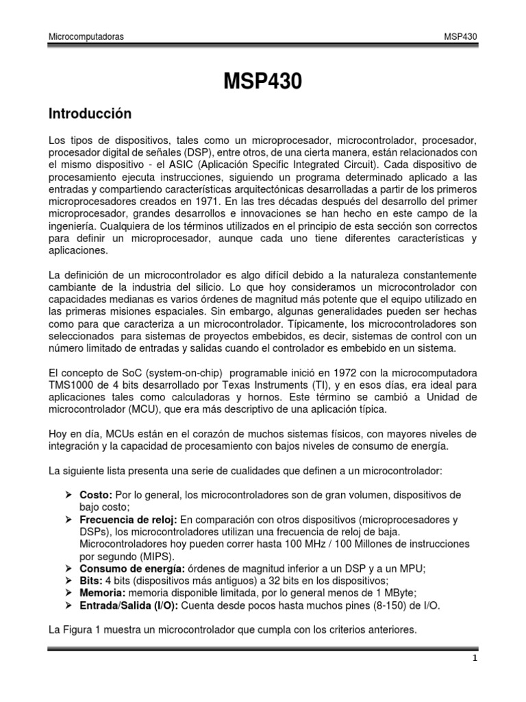 Características del Microcontrolador MSP430 | PDF | Microcontrolador | Unidad Central de ...