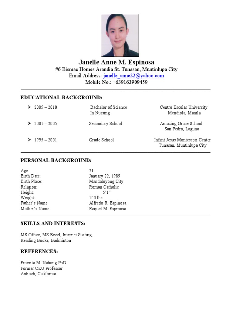 Janelle Espinosa's Nursing Resume | PDF | Self-Improvement | Wellness