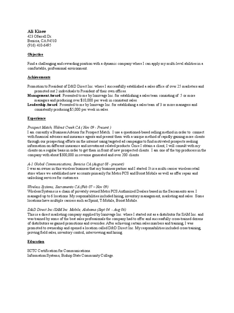 Ali's Resume | PDF | Sales | Marketing