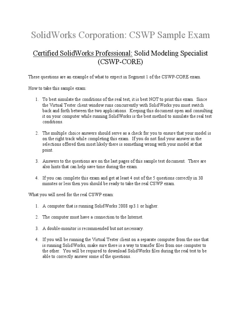 Solidworks Corporation: CSWP Sample Exam: Certified Solidworks ...