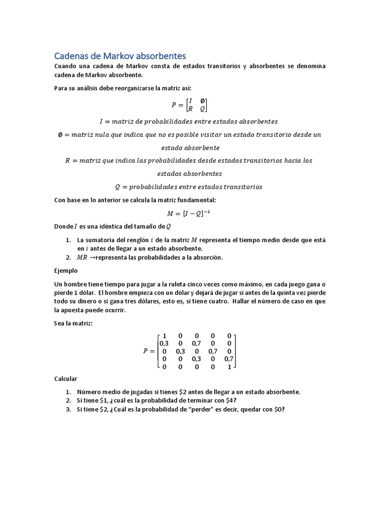 Análisis de Cadenas de Markov Absorbentes | PDF | Cadena Markov ...