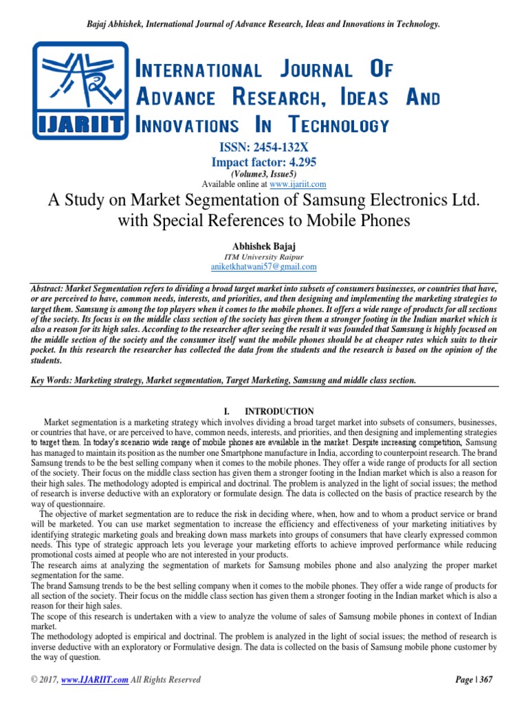 A Study On Market Segmentation of Samsung Electronics Ltd. With Special ...