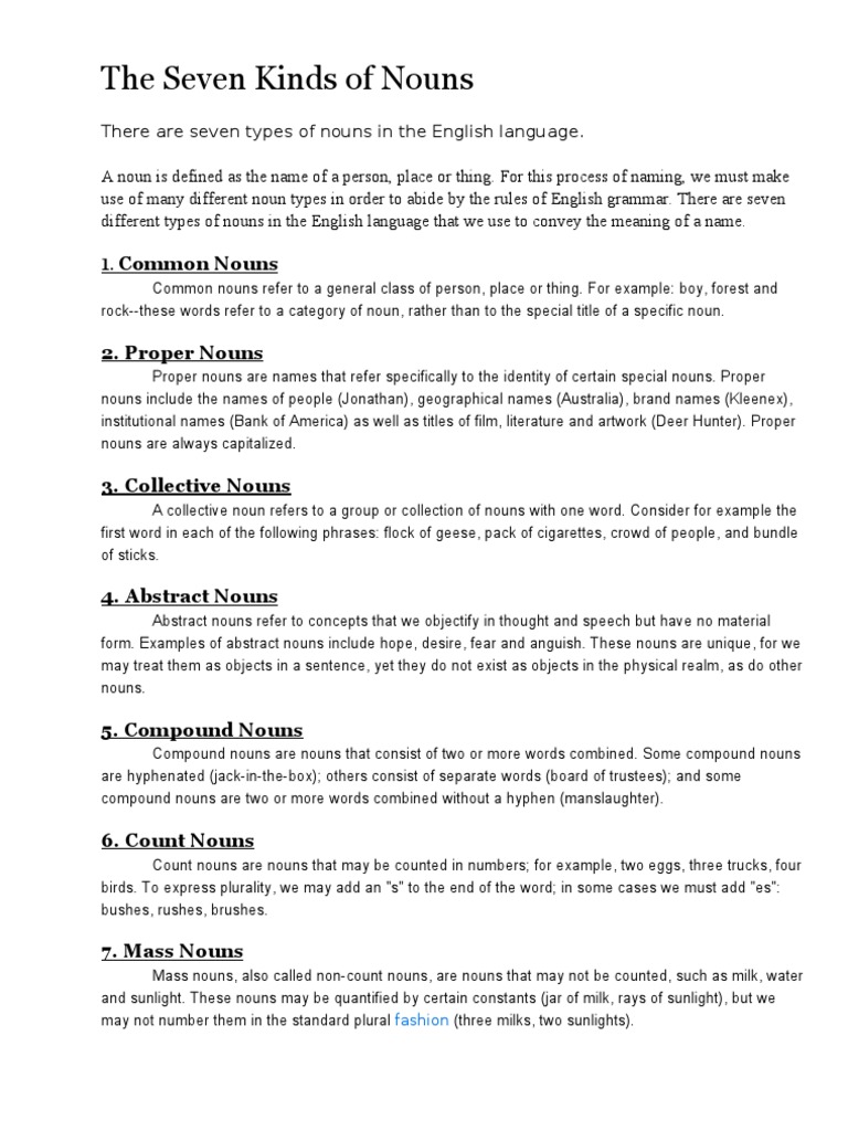 The Seven Kinds of Nouns | PDF | Noun | Word