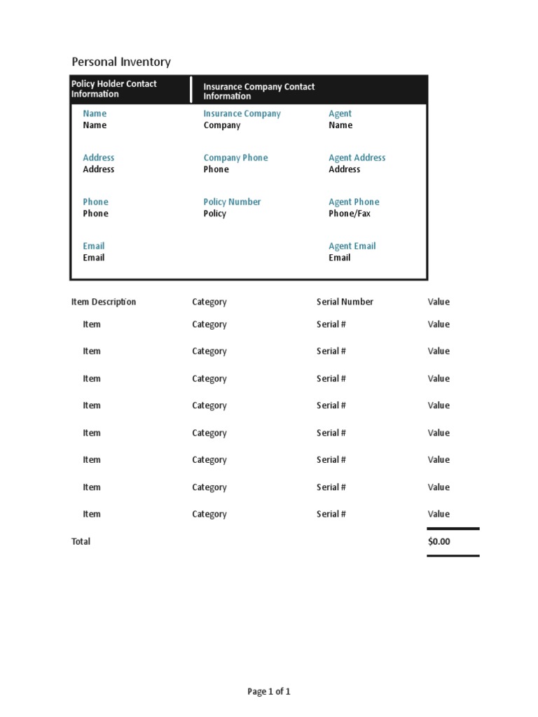 Personal Inventory: Name Insurance Company Agent | PDF
