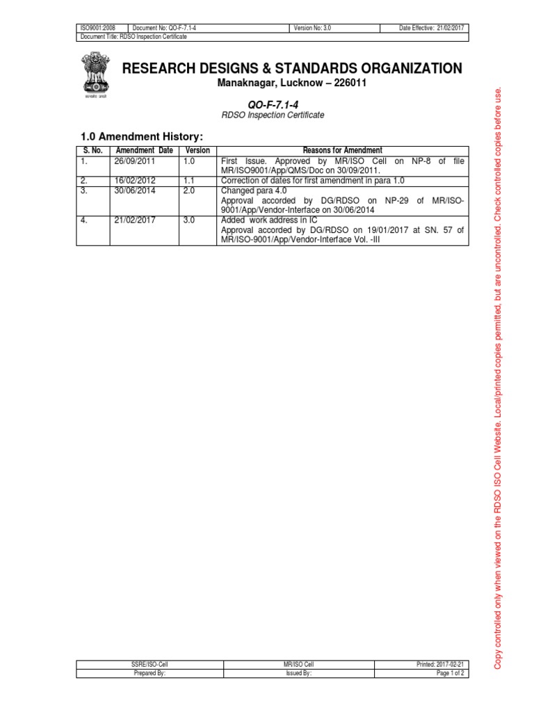 QO F 7.1 4 Ver 3.0 RDSO Inspection Certificate | Iso 9000 | Evaluation