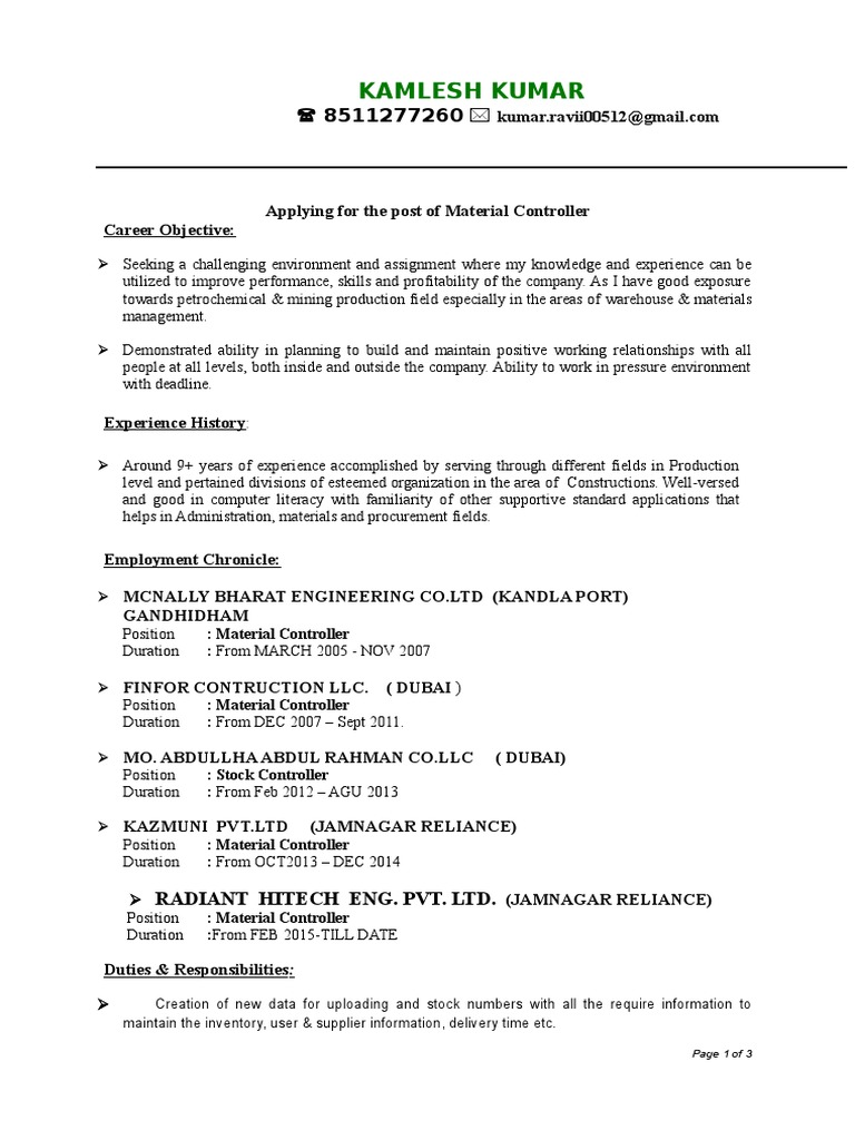 Kamlesh Kumar Resume of Material Controller | PDF | Warehouse | Procurement