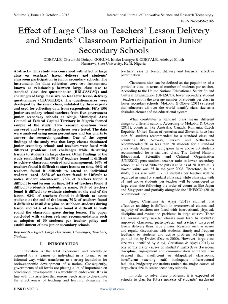 Effect of Large Class On Teachers' Lesson Delivery and Students ...
