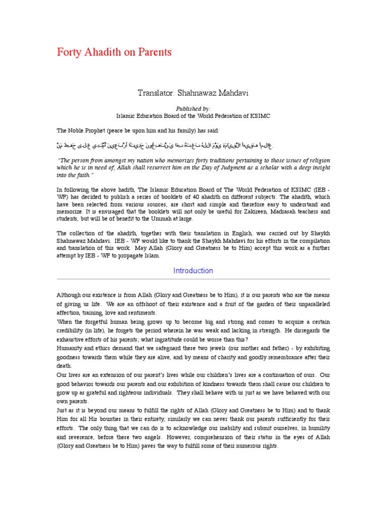 40 Hadith About Parents | PDF | Hadith | Abrahamic Religions