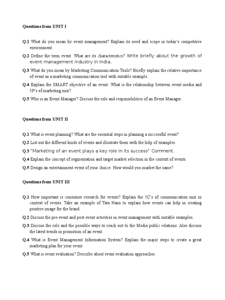 Questions from Four Units of an Event Management Course Covering Key ...