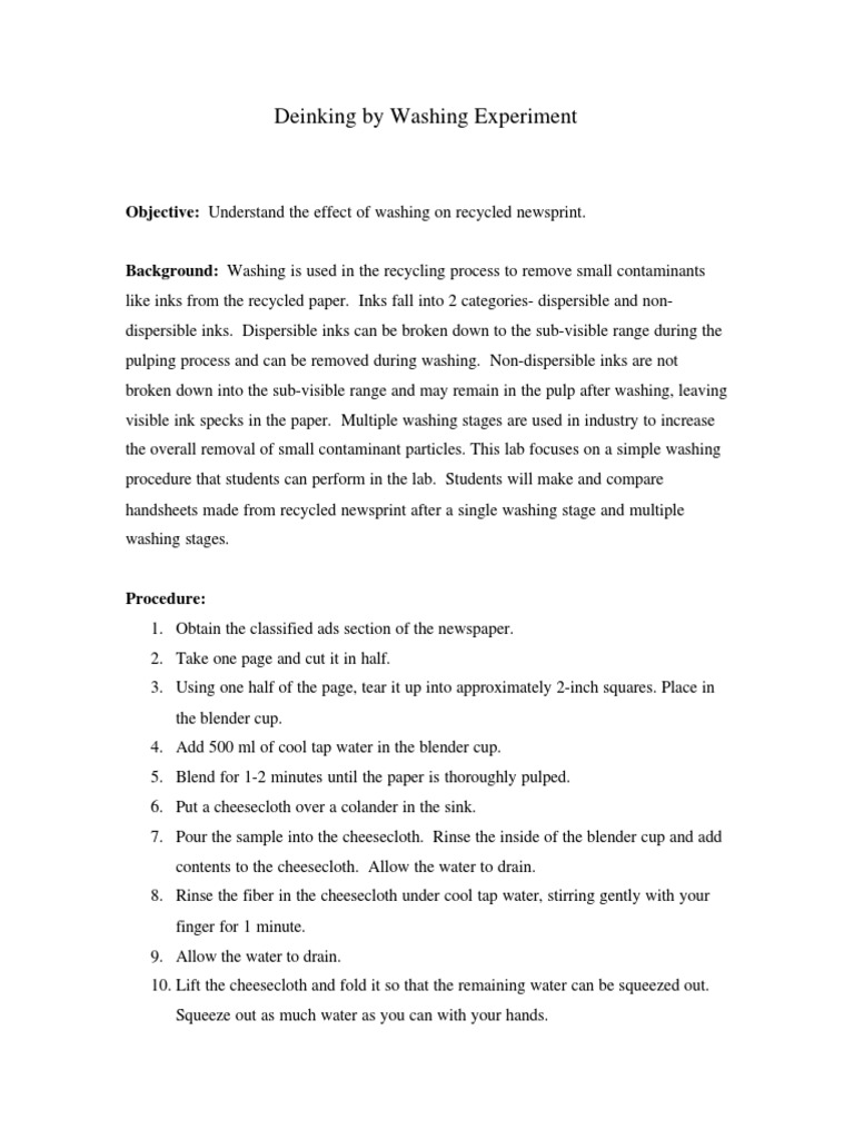 Deinking by Washing Experiment: Objective: Understand The Effect of ...