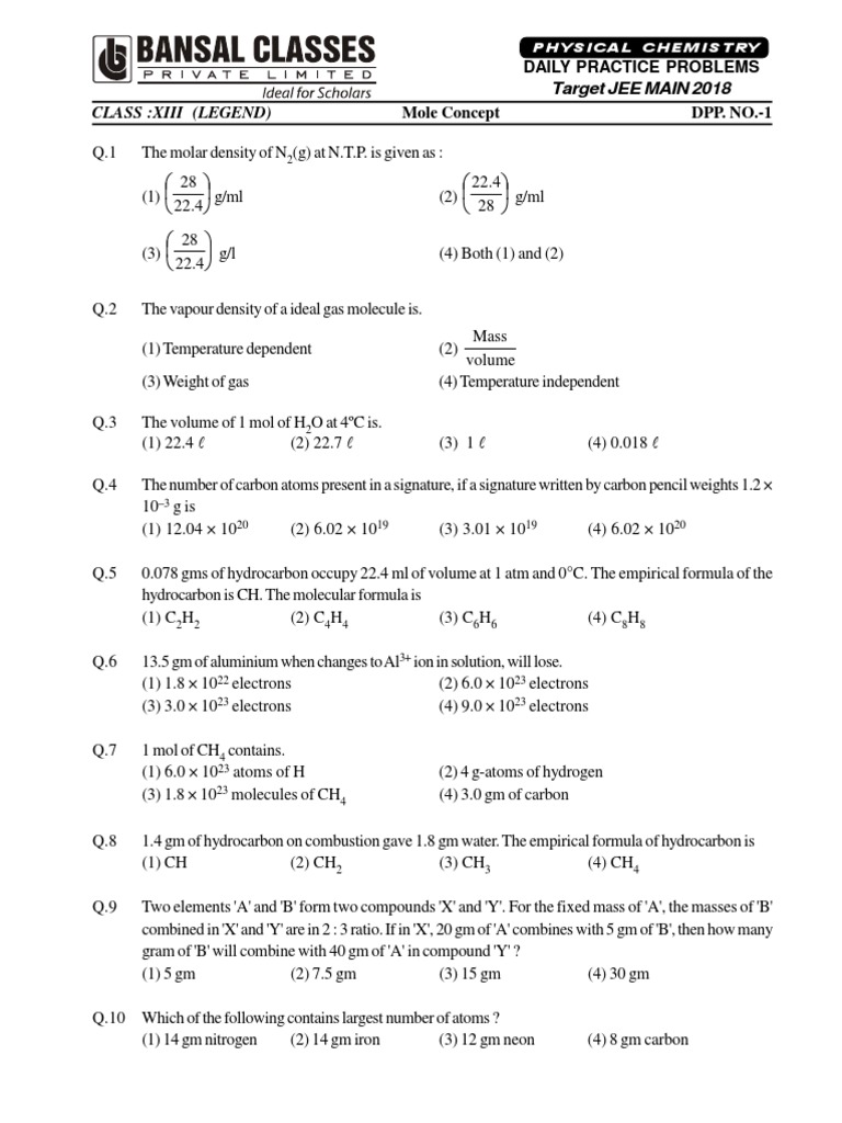 Class:Xiii (Legend) : Daily Practice Problems | PDF | Mole (Unit ...