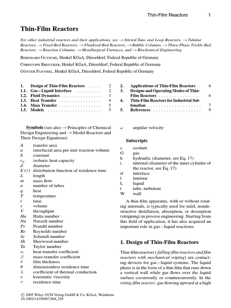 Thin-Film Reactors: Symbols (See Also | PDF | Chemical Reactor ...