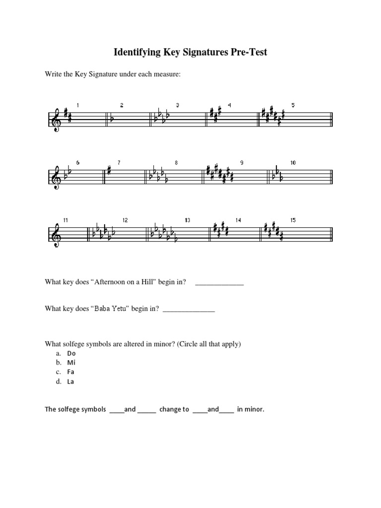 Identifying Key Signatures Pre-Test | PDF
