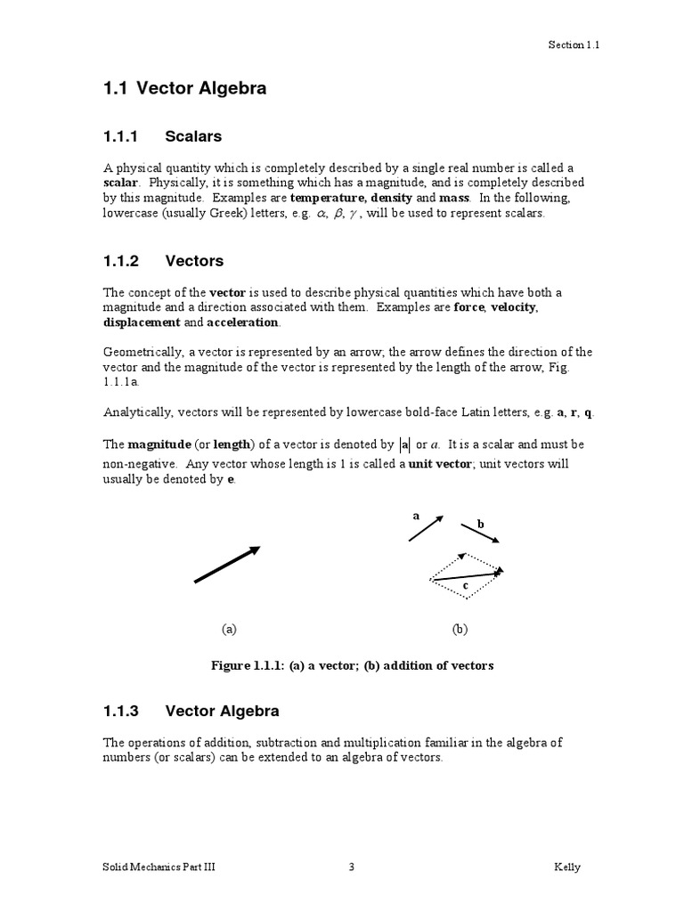 1.1 Vector Algebra: 1.1.1 Scalars | PDF | Euclidean Vector | Geometry