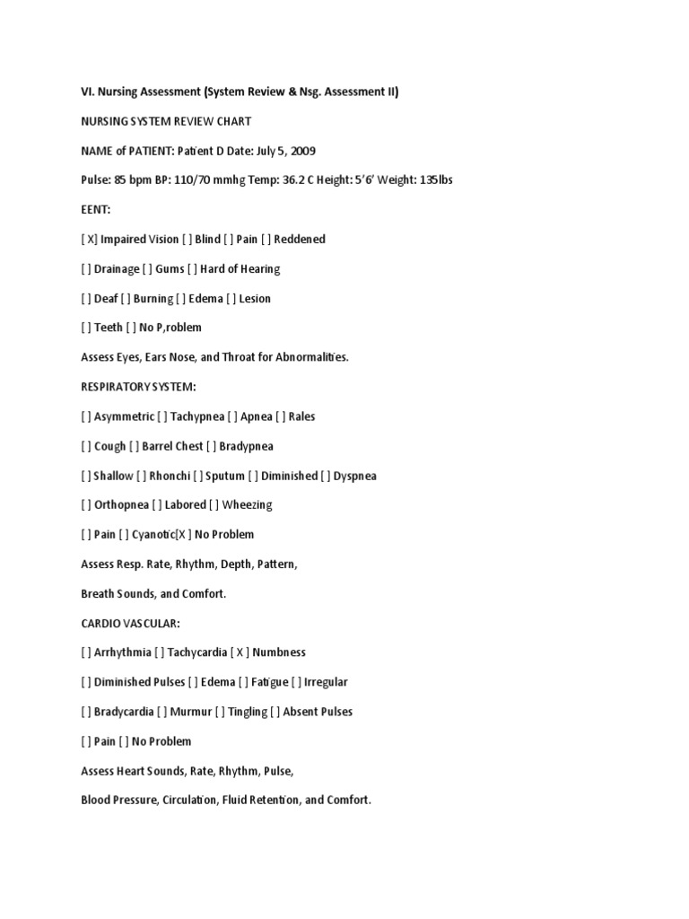 VI. Nursing Assessment (System Review & Nsg. Assessment II) | PDF ...