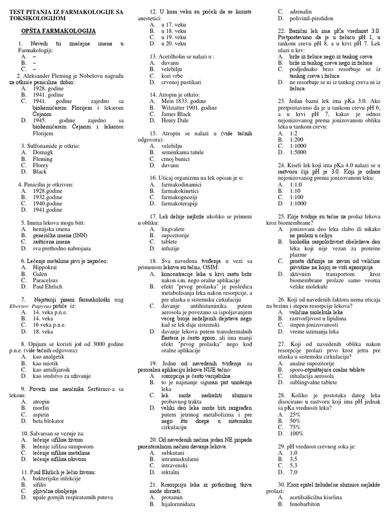 Farmakologija Pitanja Za Test | PDF