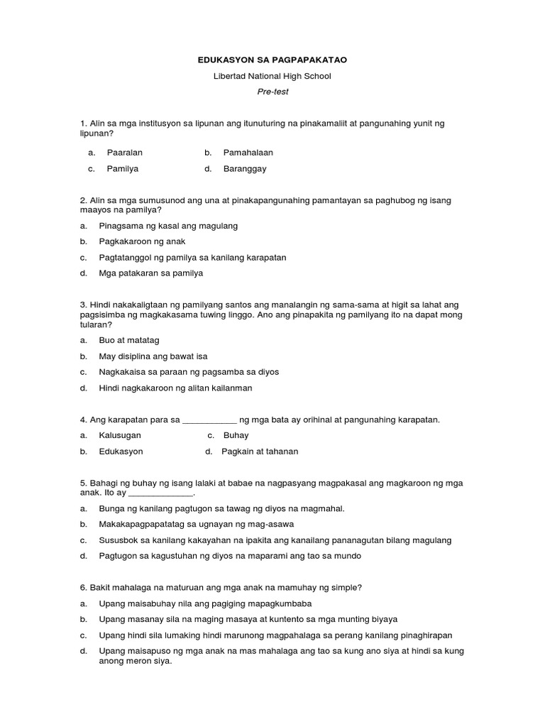 Pre-Test Grade 8 ESP | PDF