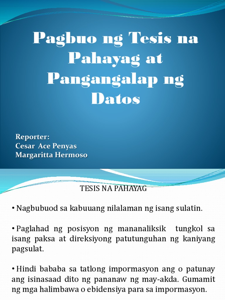 Pagbuo NG Tesis Na Pahayag at Pangangalap NG Datos | PDF Pagbuo NG Tesis Na Pahayag at Pangangalap NG Datos | PDF