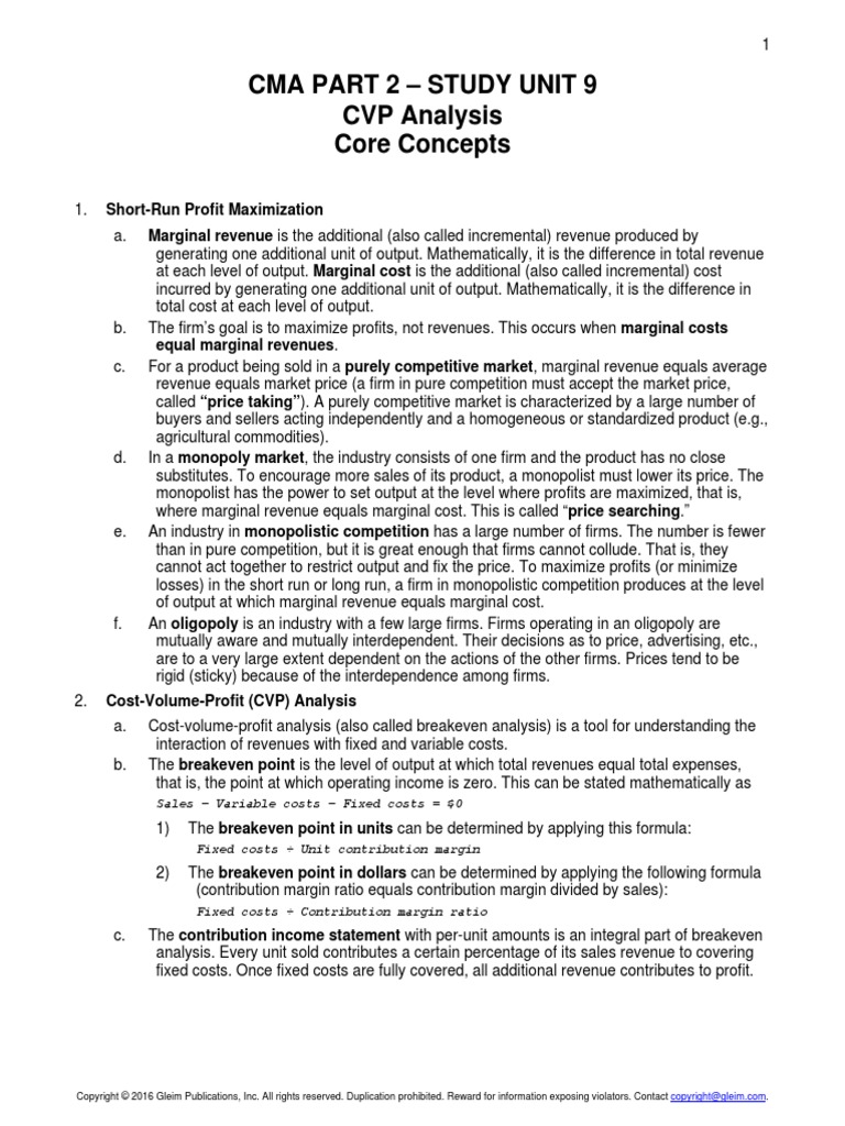 Cma Part 2 - Study Unit 9 CVP Analysis Core Concepts | PDF | Monopoly | Perfect Competition