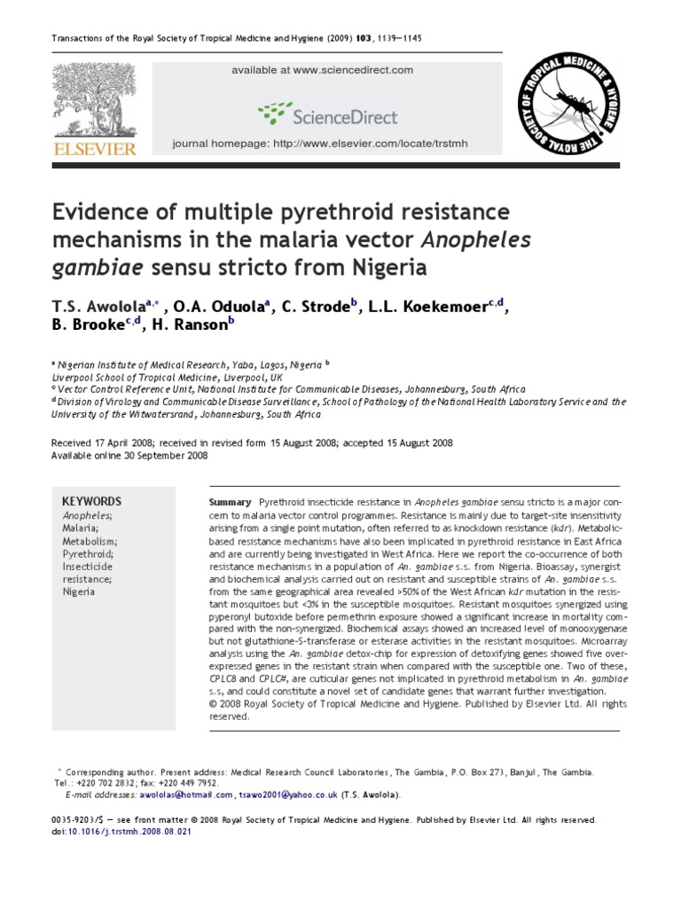Evidence of Multiple Pyrethroid Resistance Mechanisms in The Malaria Vector Anopheles | PDF ...
