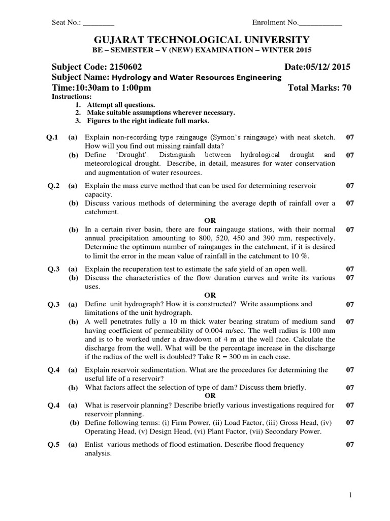 Hydrology and Water Resources Engineering Exam Questions Covering Key ...