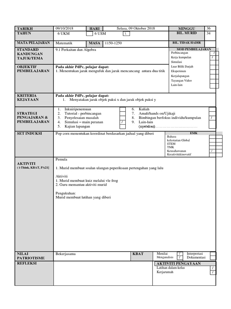 Contoh RPH Matematik Tahun 6 | PDF