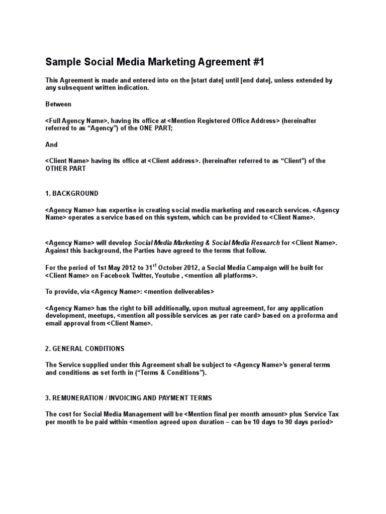Sample Social Media Marketing Agreement #1 | PDF | Confidentiality ...