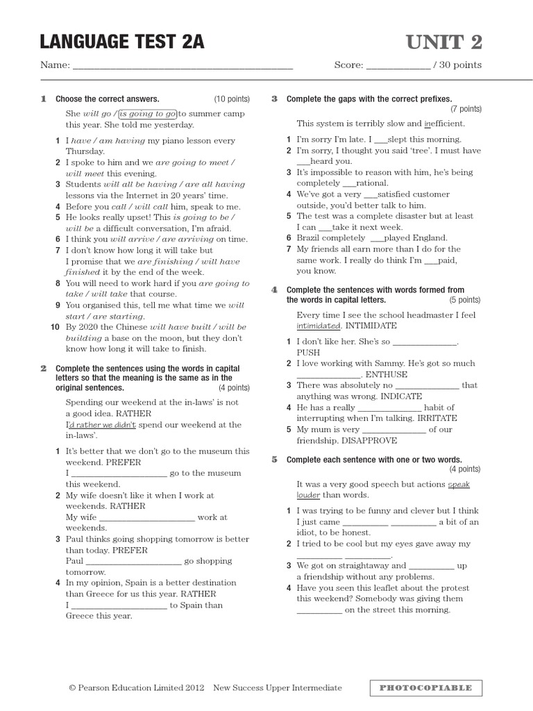 Language Test 2a Unit 2