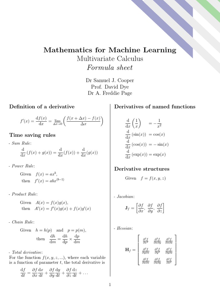 Mathematics For Machine Learning Multivariate Calculus Formula Sheet | PDF