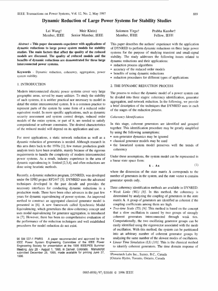 Dynamic Reduction Large Power Systems For Stability Studies: Wangt Ieee ...