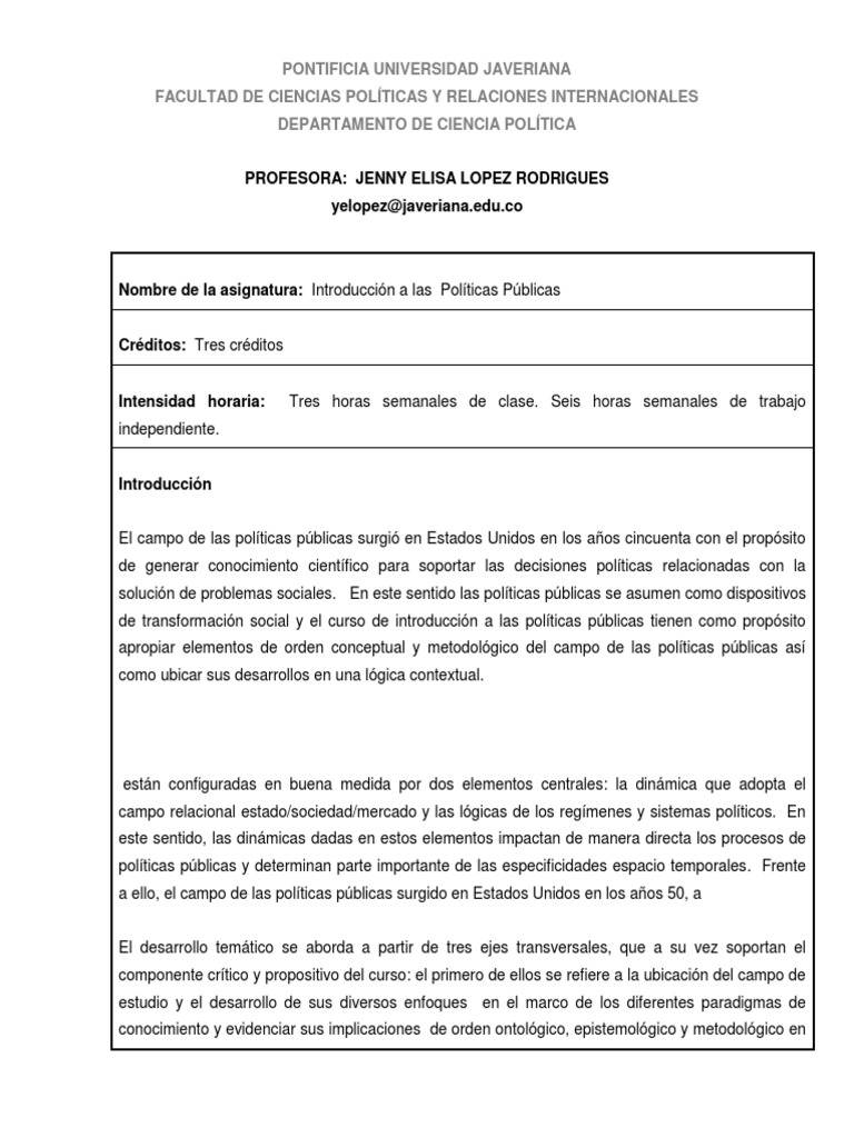 Programa Introduccion A Las Politicas Publicas - Jenny Elisa Lopez R | PDF | Ciencias Políticas ...