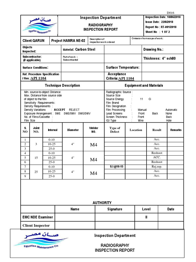 Inspection Department: Omission From Scope of Work: Description of ...