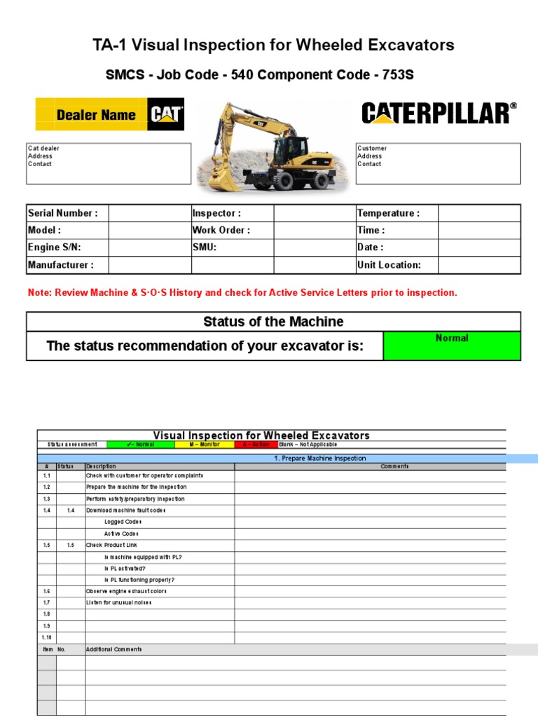 Excavator Inspection Checklist | PDF | Axle | Machines